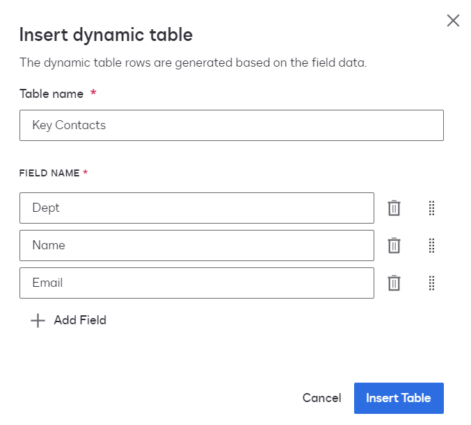 Insert a Dynamic Table