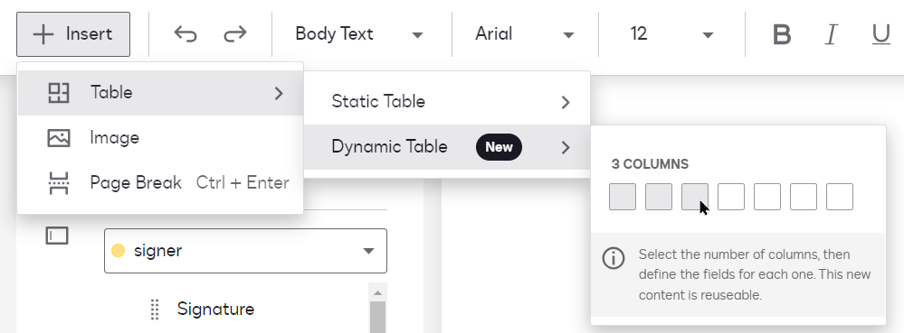 Insert a Dynamic Table