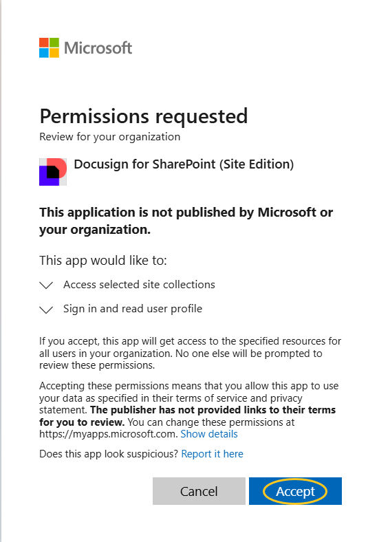 Grant Initial Consent for Docusign for SharePoint (Site Edition)