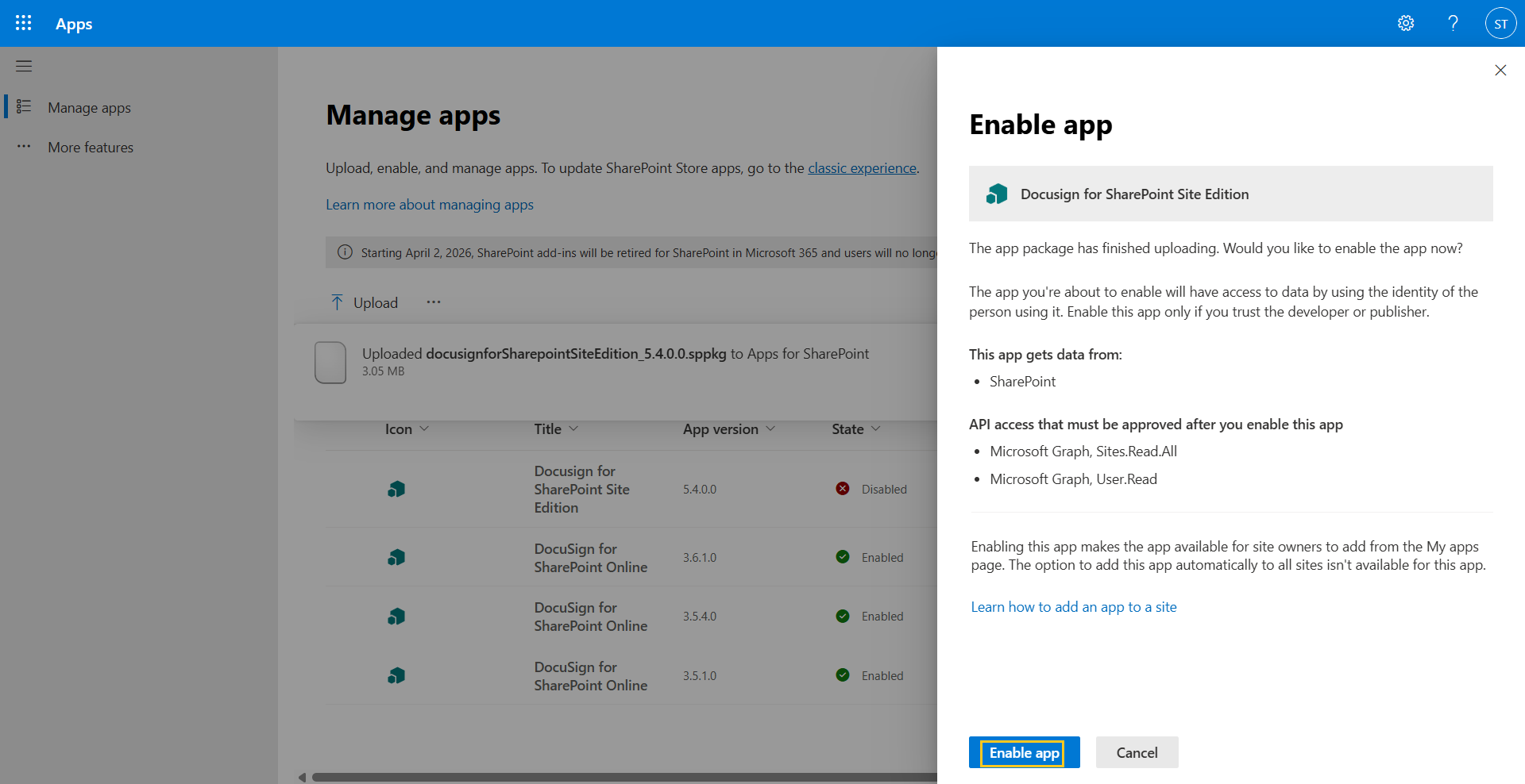 Manual Update of Docusign for SharePoint at Tenant Level