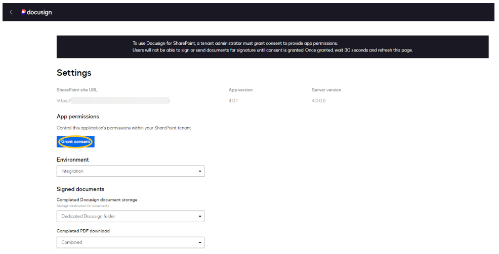 Grant Initial Consent for Docusign for SharePoint (Site Edition)