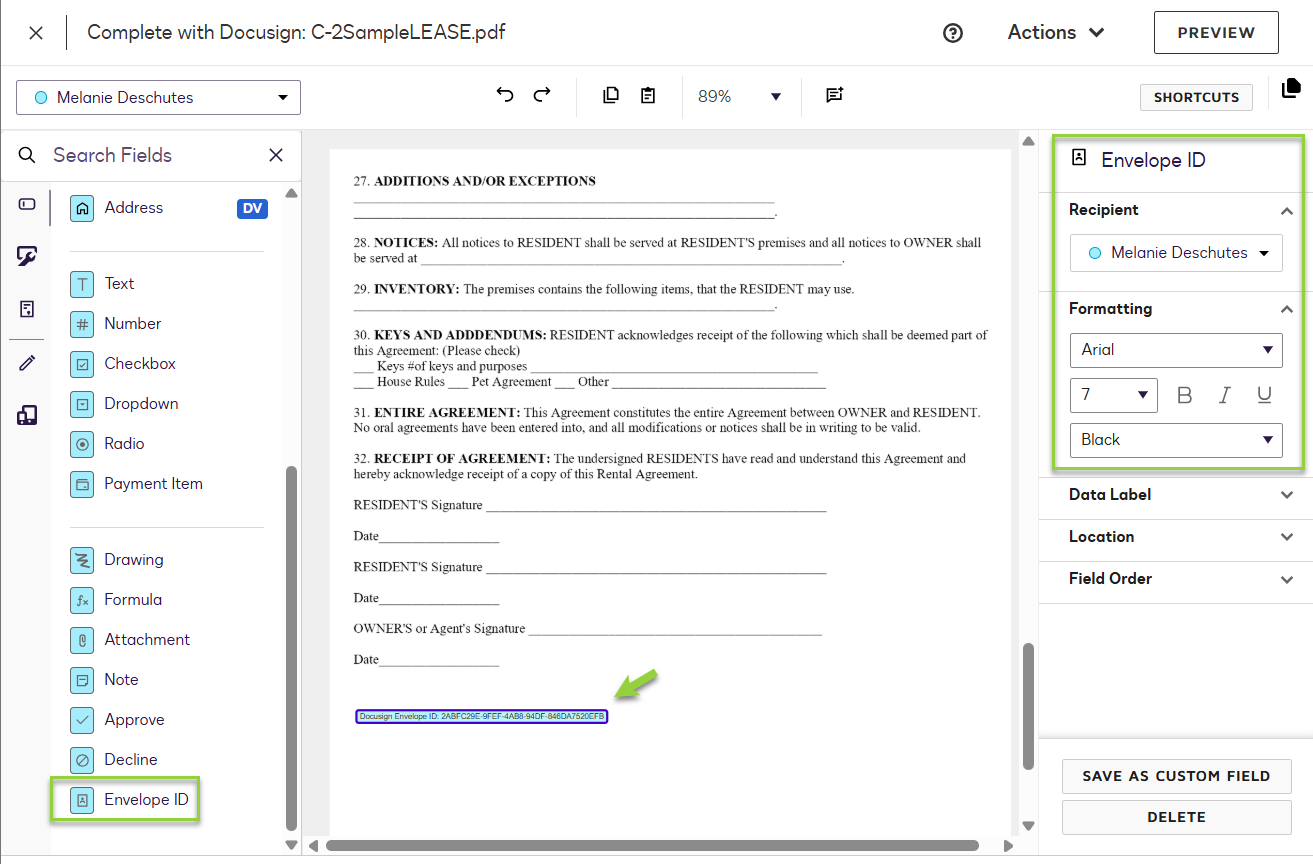 Manually Place and Format the Envelope ID on a Document