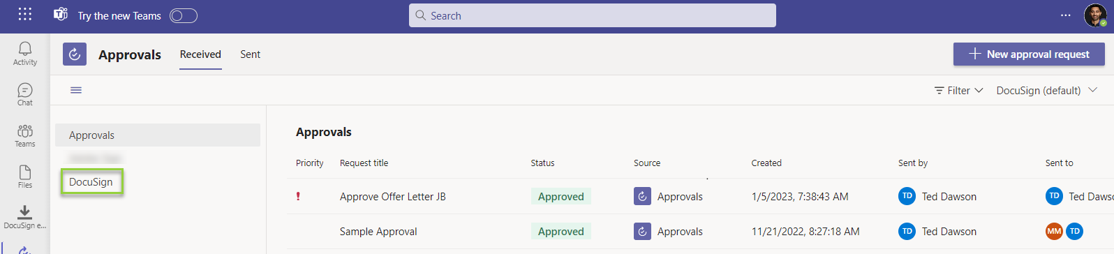 Open Docusign for Microsoft Teams Approvals
