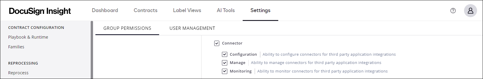 DocuSign Insight Connector Permissions for a Selected Security Group