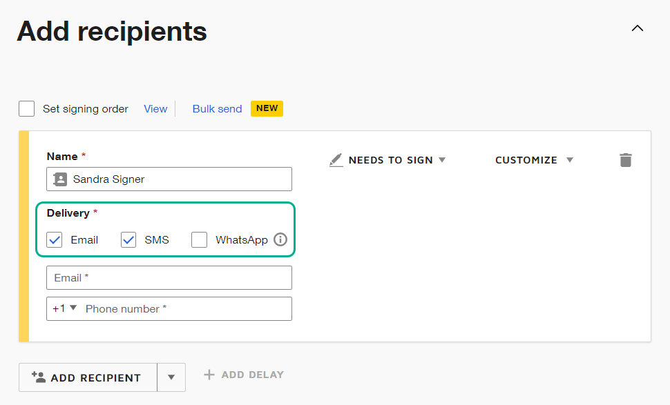 Send an Envelope with SMS or WhatsApp Delivery