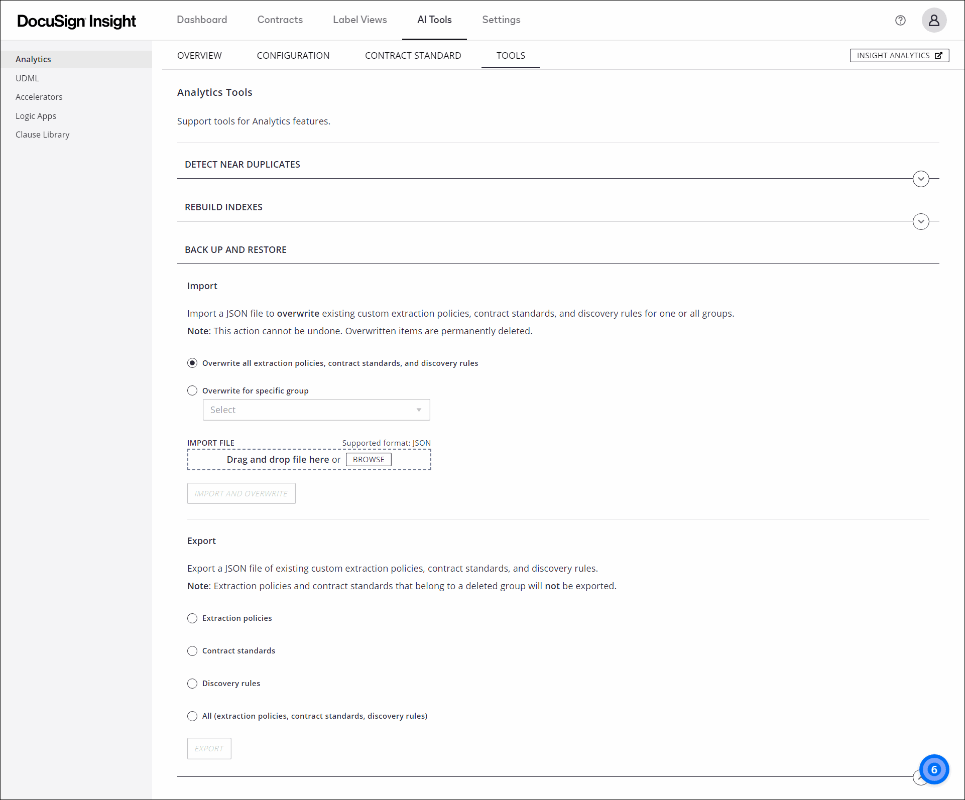 Backup and Restore Extraction Policies from the DocuSign Insight UI