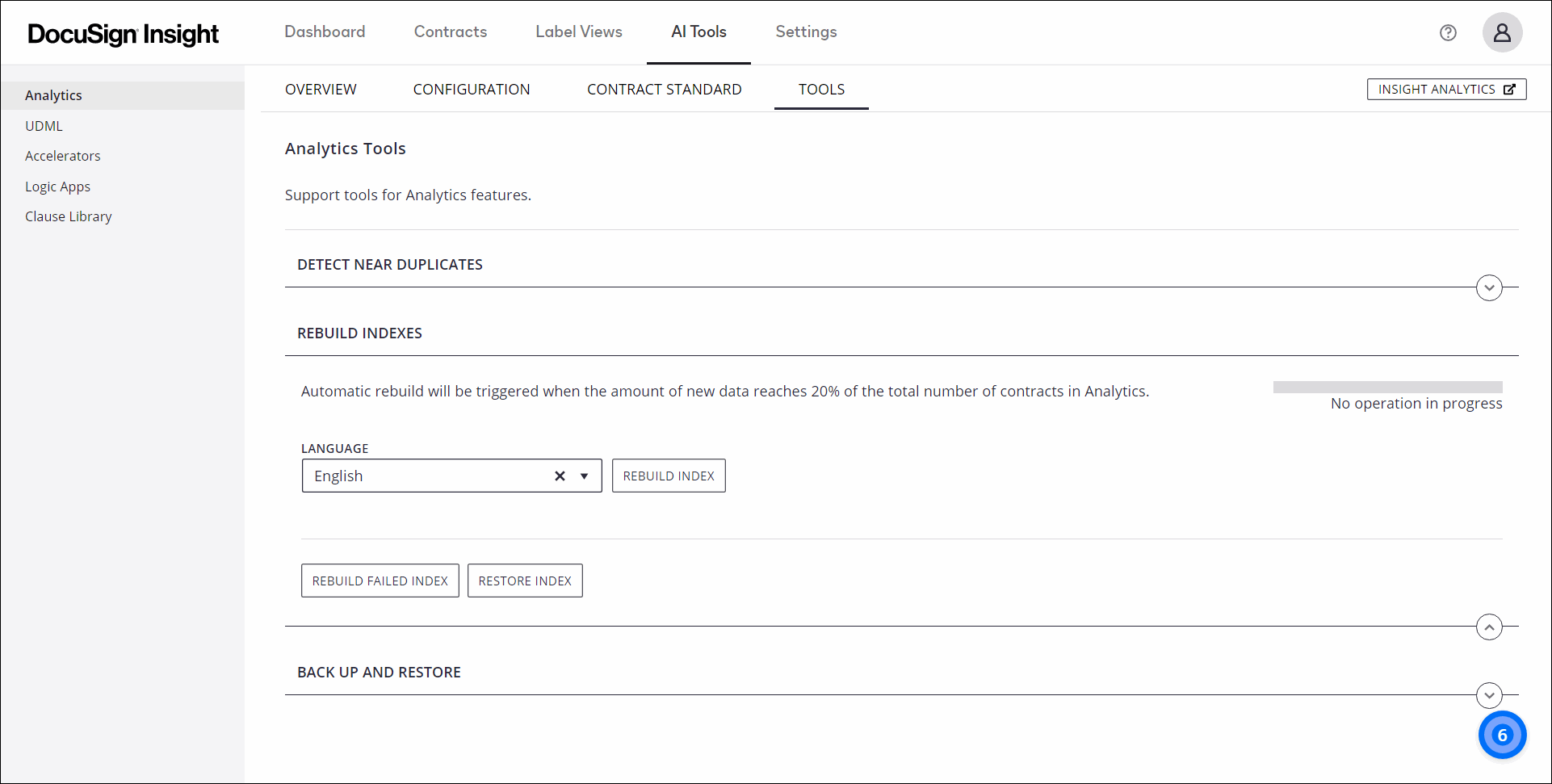 Manually Restore Data and Rebuild Indexes from the DocuSign Insight UI