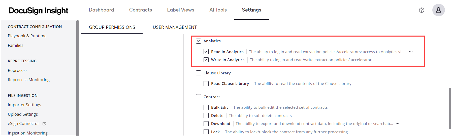 Assign Analytics Objects (Policies, Contract Standards) to a Security Group