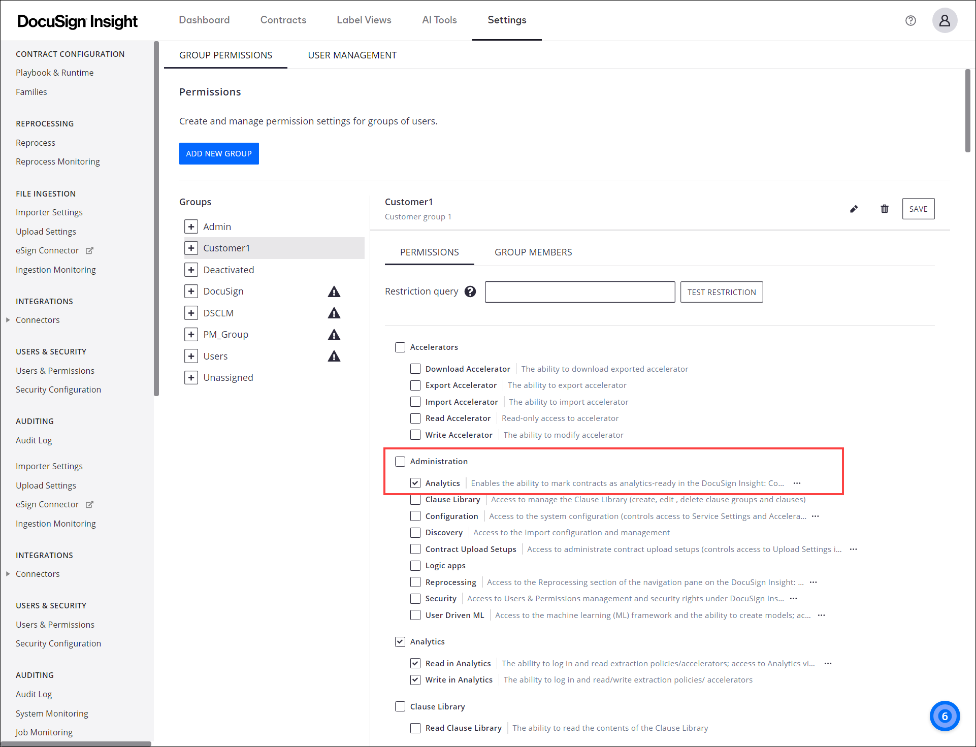 Assign Analytics Objects (Policies, Contract Standards) to a Security Group