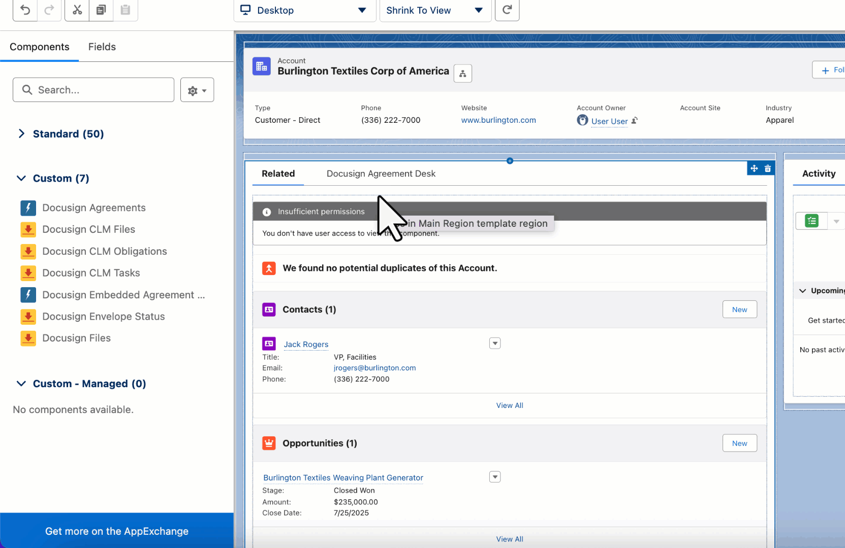 Add the Docusign Embedded Agreement Desk Component to a Salesforce Layout