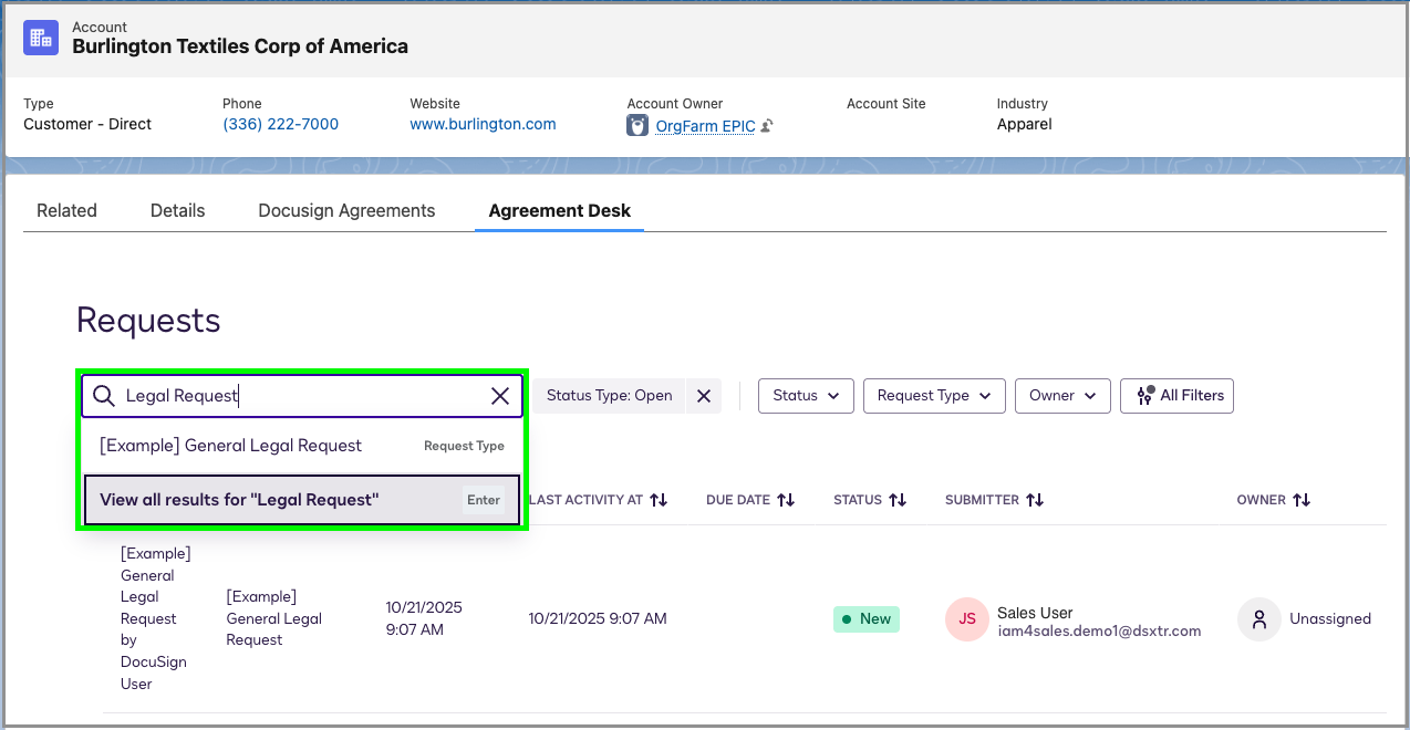 Open a Request from the Embedded Agreement Desk Component