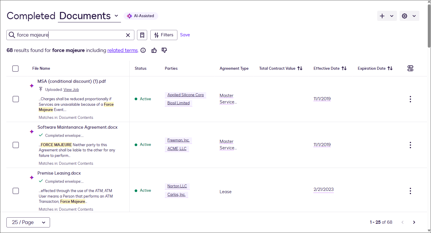 Perform a Search and Apply Filters to Locate Agreements