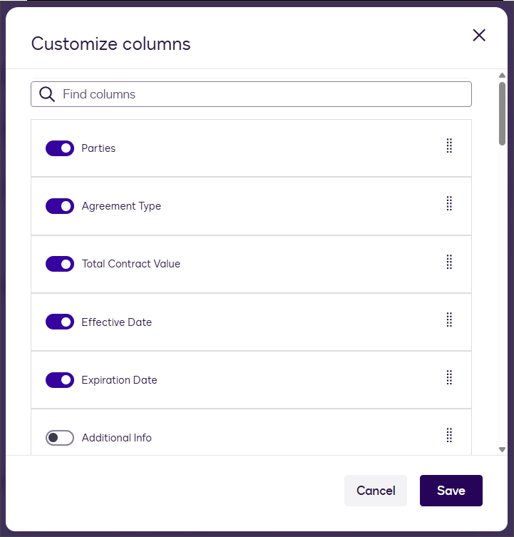 Customize the Agreement Columns Displayed in Navigator for Salesforce