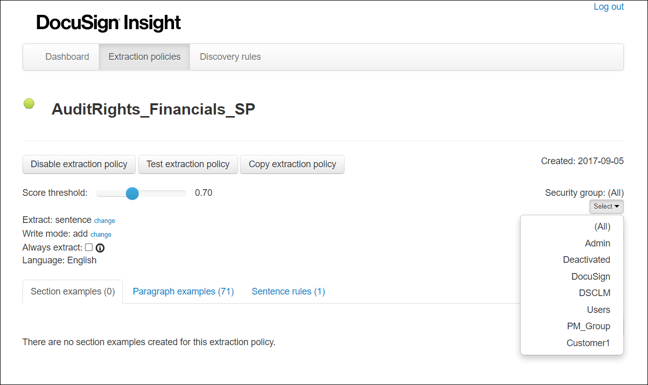 Security Group Settings for Extraction Policies and Contract Standards