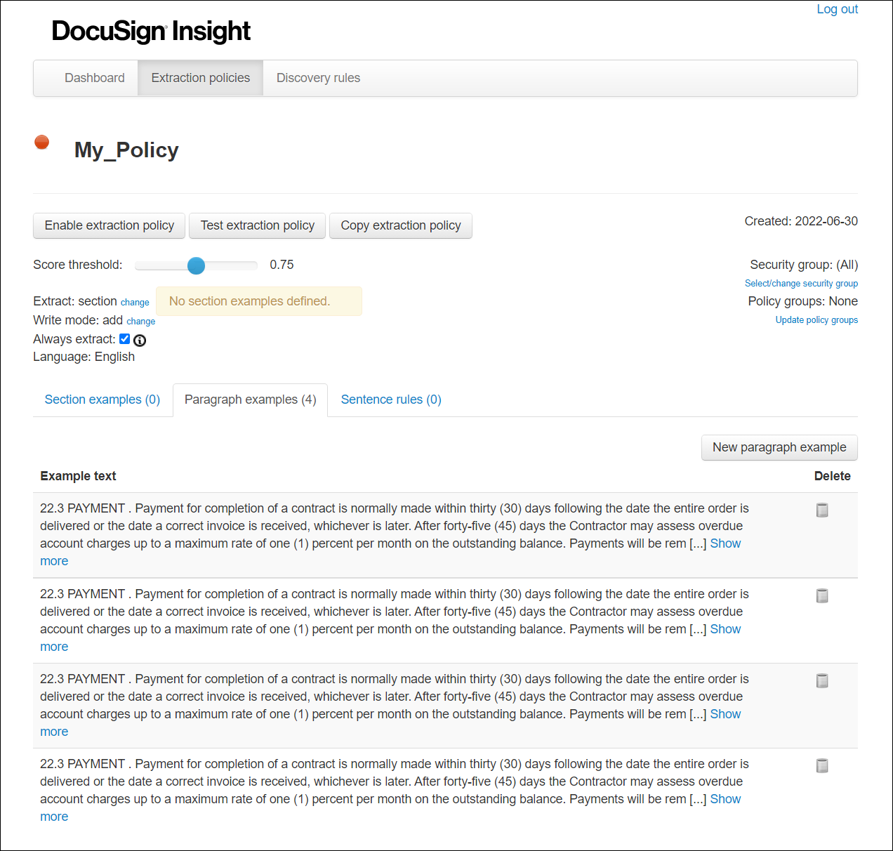 Use Section or Paragraph Examples to Create New Extraction Policies