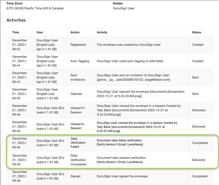 Use Envelope History to Review Data Verification Events
