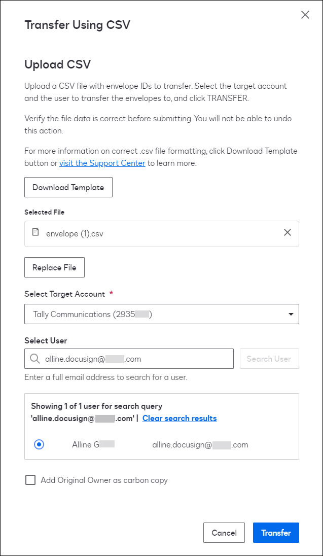 Transfer Envelopes Using a CSV