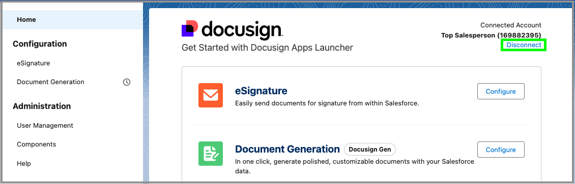 Use the Disconnect Link to Disconnect and Reconnect Docusign and Salesforce