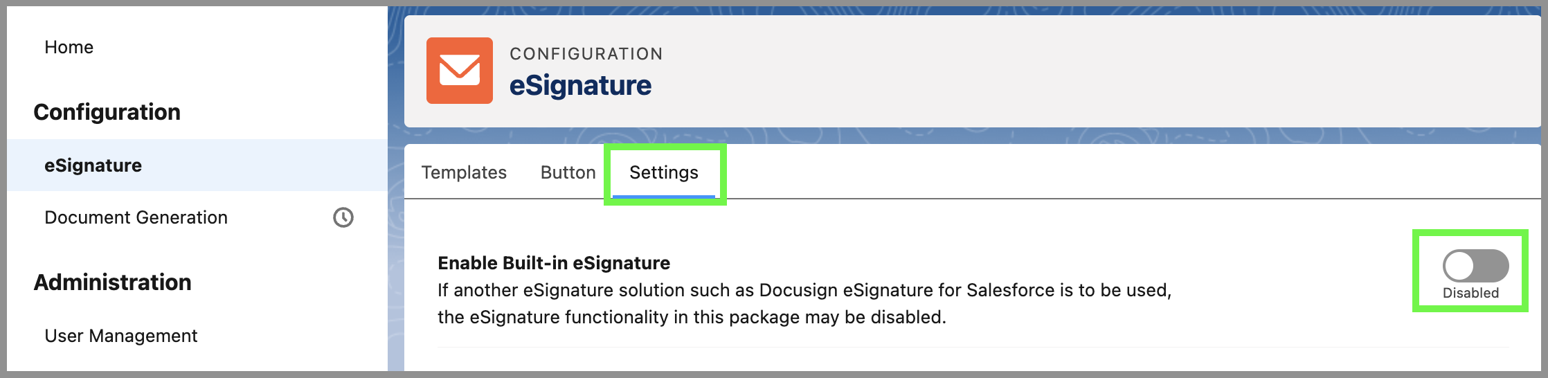 Enable or Disable Docusign eSignature for Salesforce
