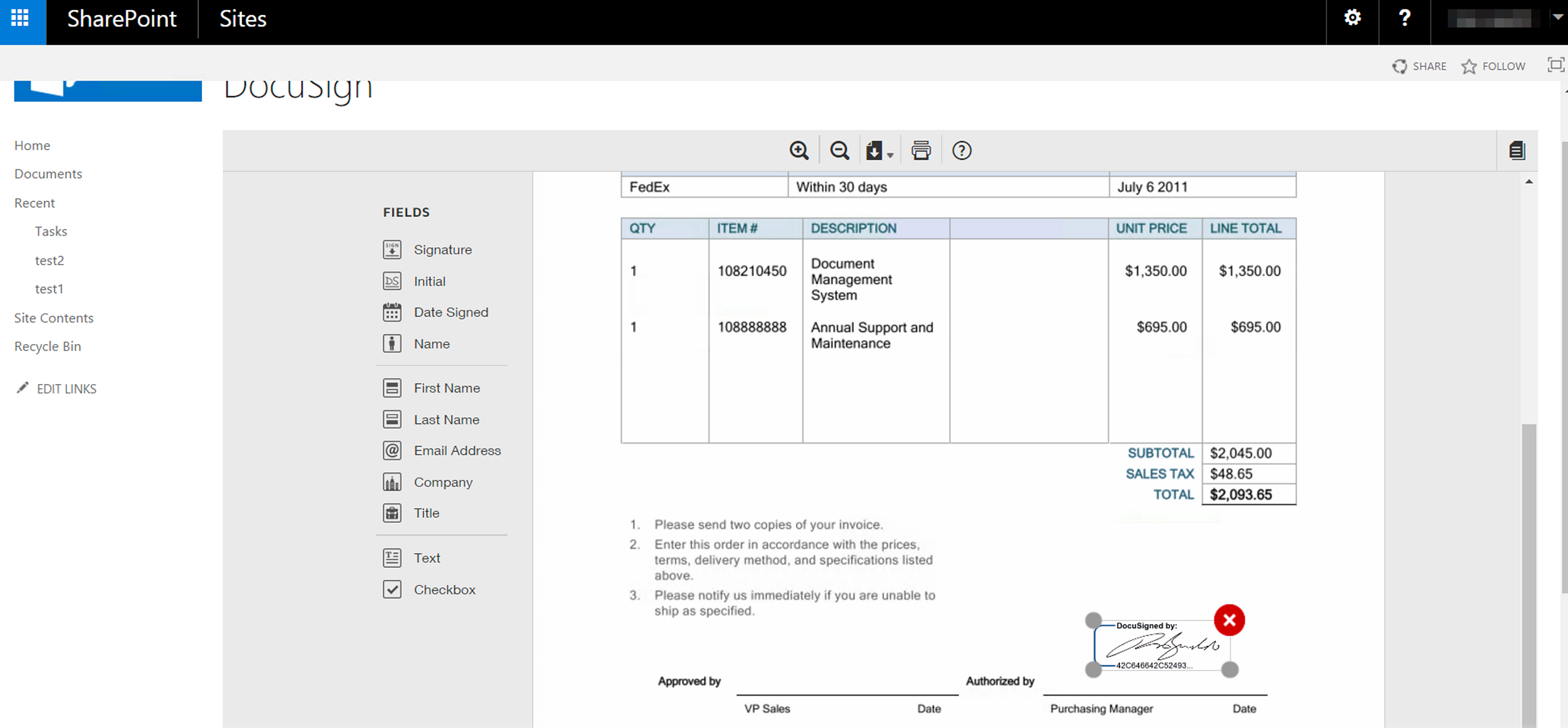 Sign Documents with Docusign for SharePoint On-Premises