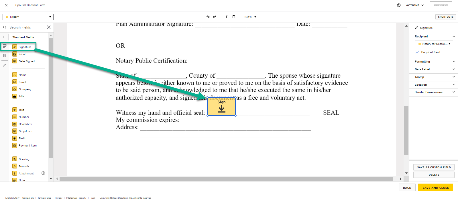 Create a Template for Remote Online Notarization, Step 3: Add Fields for the Recipients