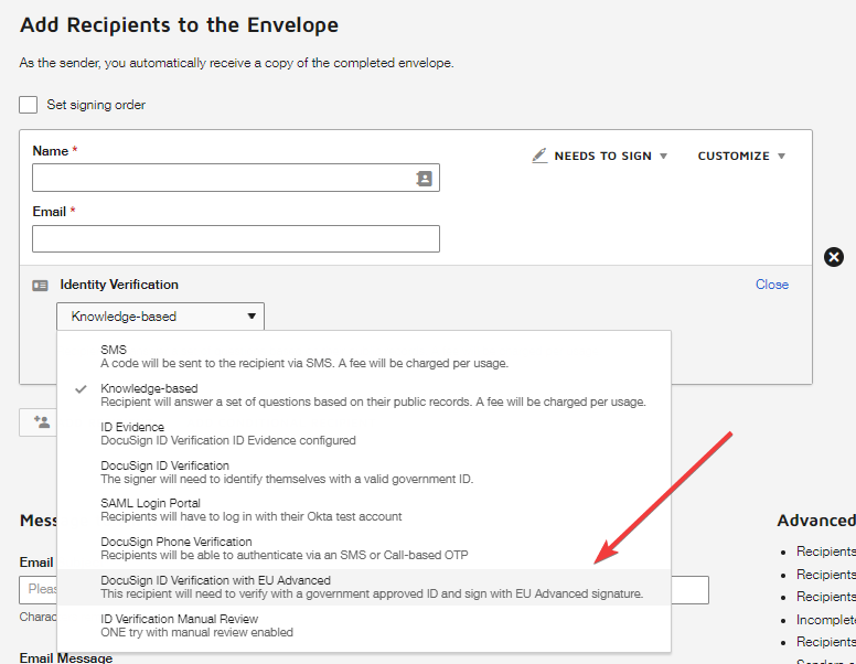 Sending a Document Using a Docusign EU Advanced Signature With ID Verification