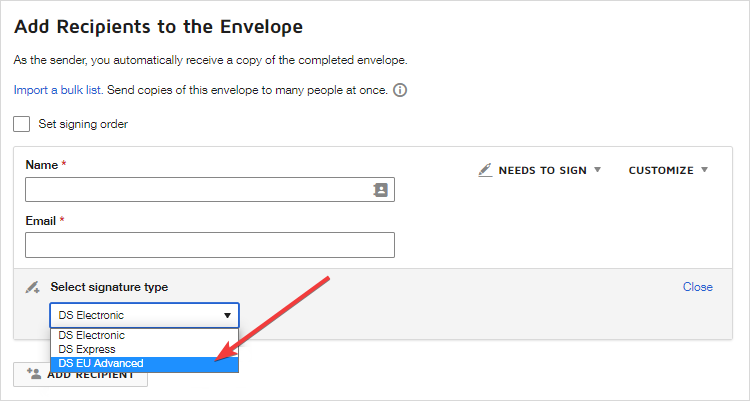 Sending a Document Using a Docusign EU Advanced Signature