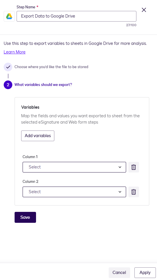 Configure an Export Data to Google Drive Step